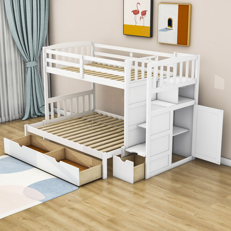 Eadon Kids Twin Over Twin Full 3 Drawers Bunk Bed with Storage Shelves Convertible Bottom Bed Harriet Bee Bed Frame Color White